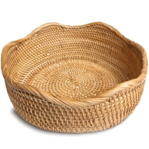 VPQ Handmade Rattan Bread Baskets Round Wicker Fruit Serving Storage Bowls, Natural Woven Decorative Kitchen Counter Organizing (Honey Brown) M-10.2''