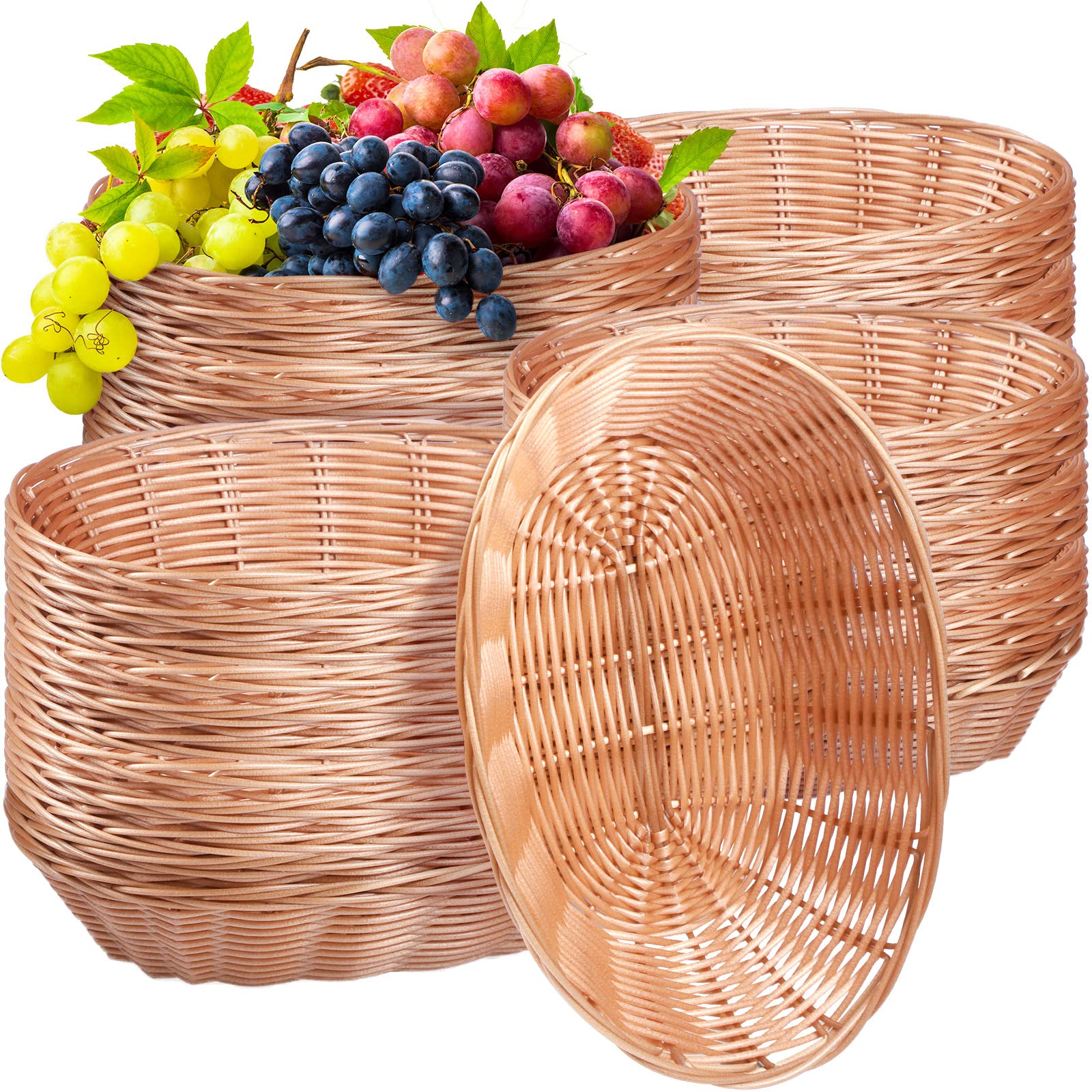 36 Pieces Bread Basket for Serving Plastic Wicker Basket Empty Gift Basket Woven Round Storage Basket Brown Fruit Serving Basket Bulk for Kitchen, Restaurant, Easter Gifts, Bakery 9.5 x 6.3 x 2.4 Inch