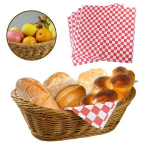 wicker bread baskets, kitchen handmade woven pantry organizer, tabletop food serving baskets for fruits, vegetables and snacks, restaurant, bread basket for serving plus 4 bread paper,samll basket