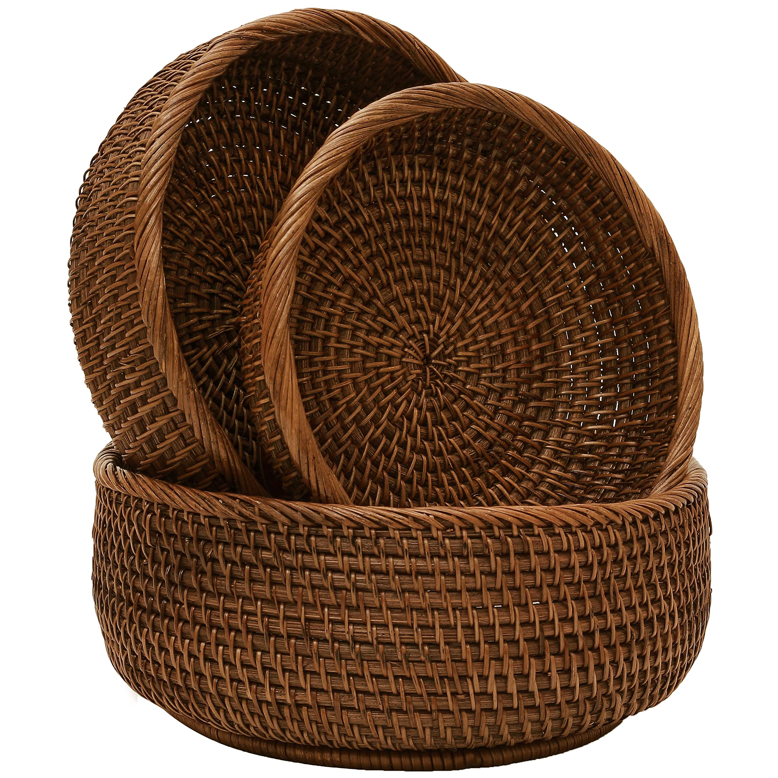 Rattan Bread Baskets for Serving Round Wicker Baskets for Gift Empty Set 3 Wicker Fruit Basket for Kitchen Counter Wicker Potato Basket for Potatoes and Onions Storage Bin for Pantry (Dark Brown)