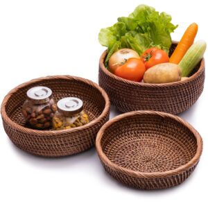 Rattan Bread Baskets for Serving Round Wicker Baskets for Gift Empty Set 3 Wicker Fruit Basket for Kitchen Counter Wicker Potato Basket for Potatoes and Onions Storage Bin for Pantry (Dark Brown)