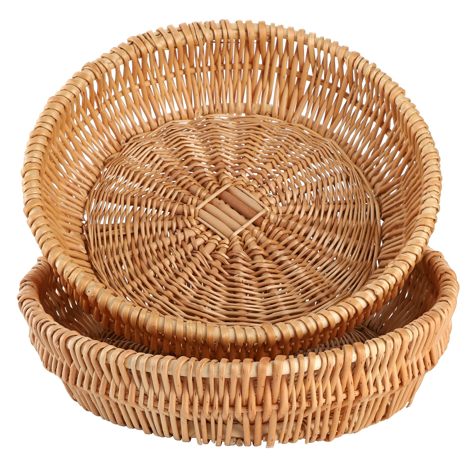 ZENFUN Set of 2 Natural Wicker Bread Baskets, 12" Round Rattan Woven Fruit Basket, Handmade Willow Food Storage Baskets for Serving Vegetable, for Kitchen, Home