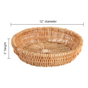 ZENFUN Set of 2 Natural Wicker Bread Baskets, 12" Round Rattan Woven Fruit Basket, Handmade Willow Food Storage Baskets for Serving Vegetable, for Kitchen, Home