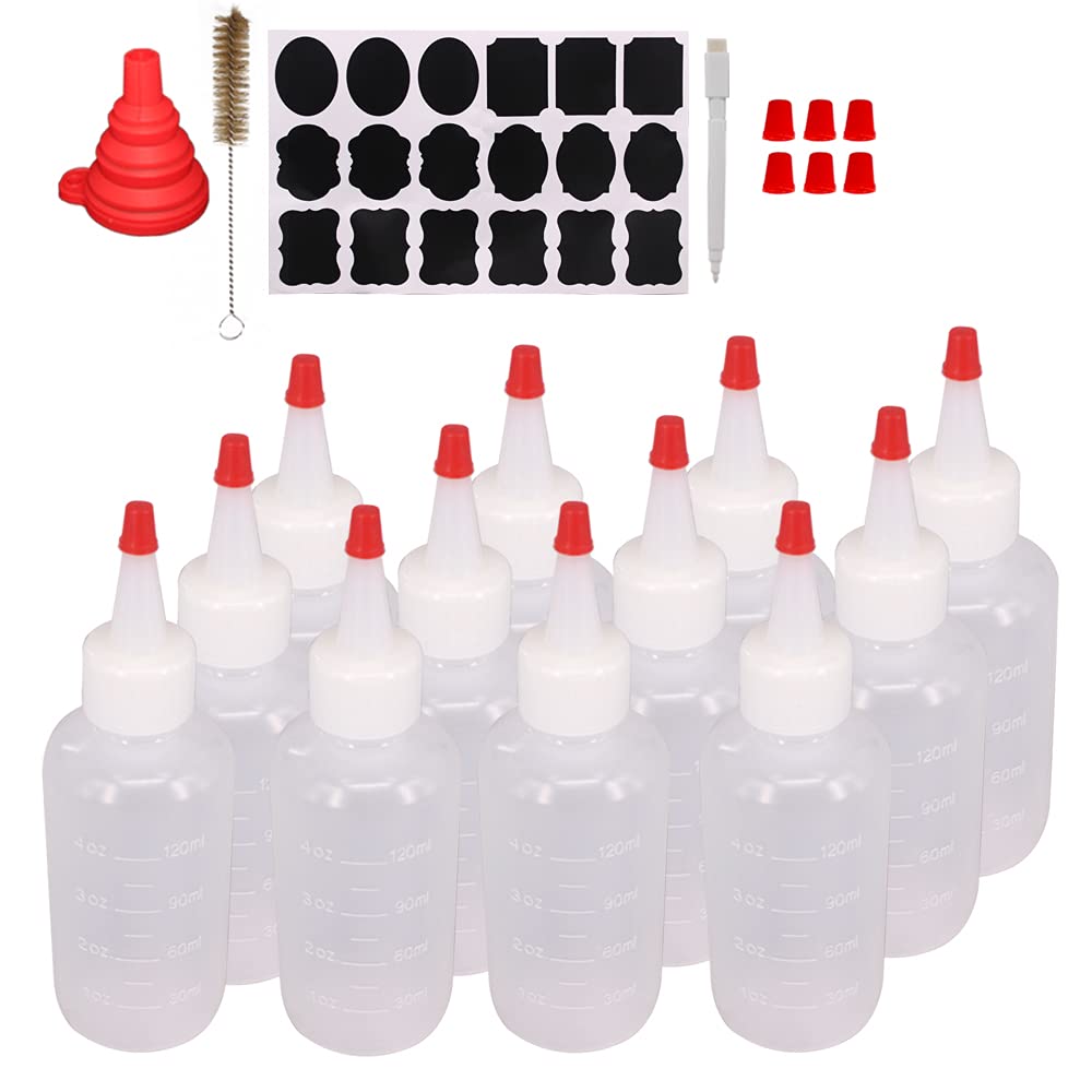 Belinlen 12 Pack 4-Ounce Empty Plastic Squeeze Bottles with Red Tip Caps Multipurpose Squirt Bottle