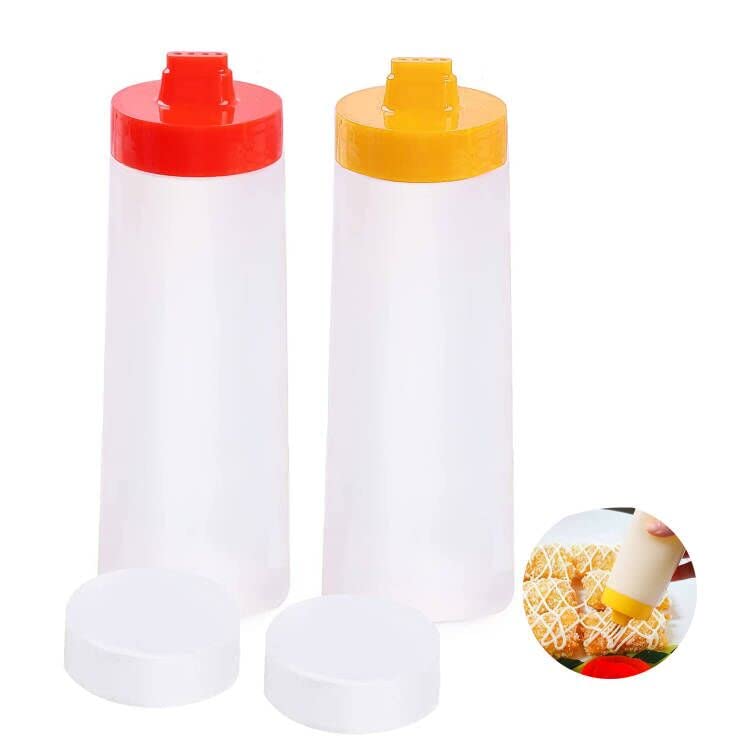 Poitemsic Condiment Squeeze Bottles 4 Holes Drizzle Bottle With Lid Sauce Dispenser Container For Sauces Salad Dressing Ketchup Chocolate Frosting Icing Candy Kitchen Baking,2-pack