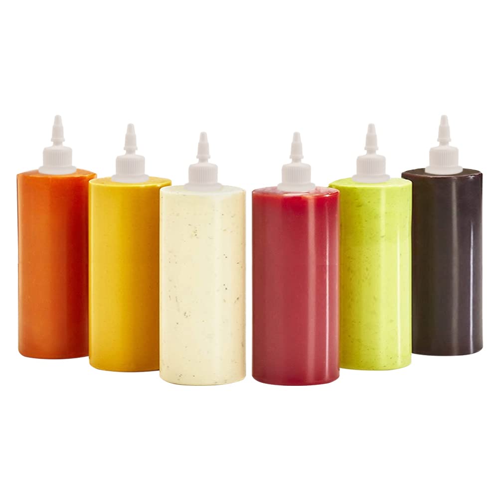 On Condiment Bottle 6-pack Plastic Squeeze Condiment Bottles for Mustard Dressing Ketchup BBQ Sauce Mayonnaise Syrup, 24 oz Condiment Containers Clear No Leak Tip Cap Plastic Squirt Bottle Storage