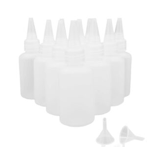 10pcs clear plastic small squeeze bottles, 60ml/2oz empty squirt bottle with twist top caps and 2pcs mini funnels for sauce, essential oils, liquids, glue, crafts