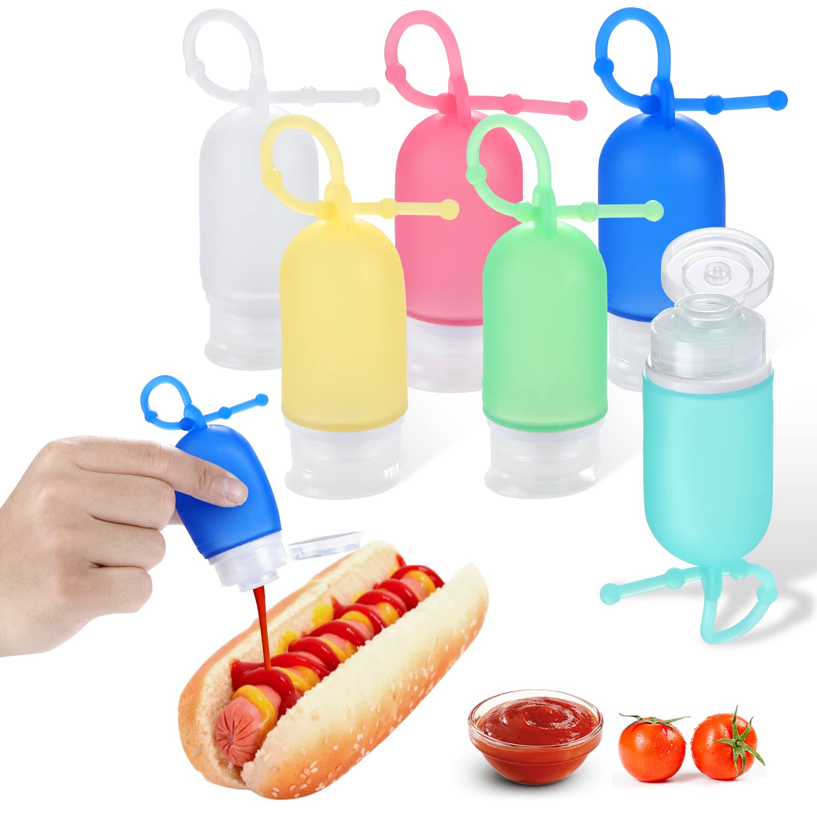 VOLCANOES CLUB Squeeze Bottles for Sauces with Cleaning Brush - Small Portable Salad Dressing Container to go for Lunch | 1.7OZ, Set of 6 | Food-Grade Silicone/BPAFree/Leakproof - School/Work/Travel