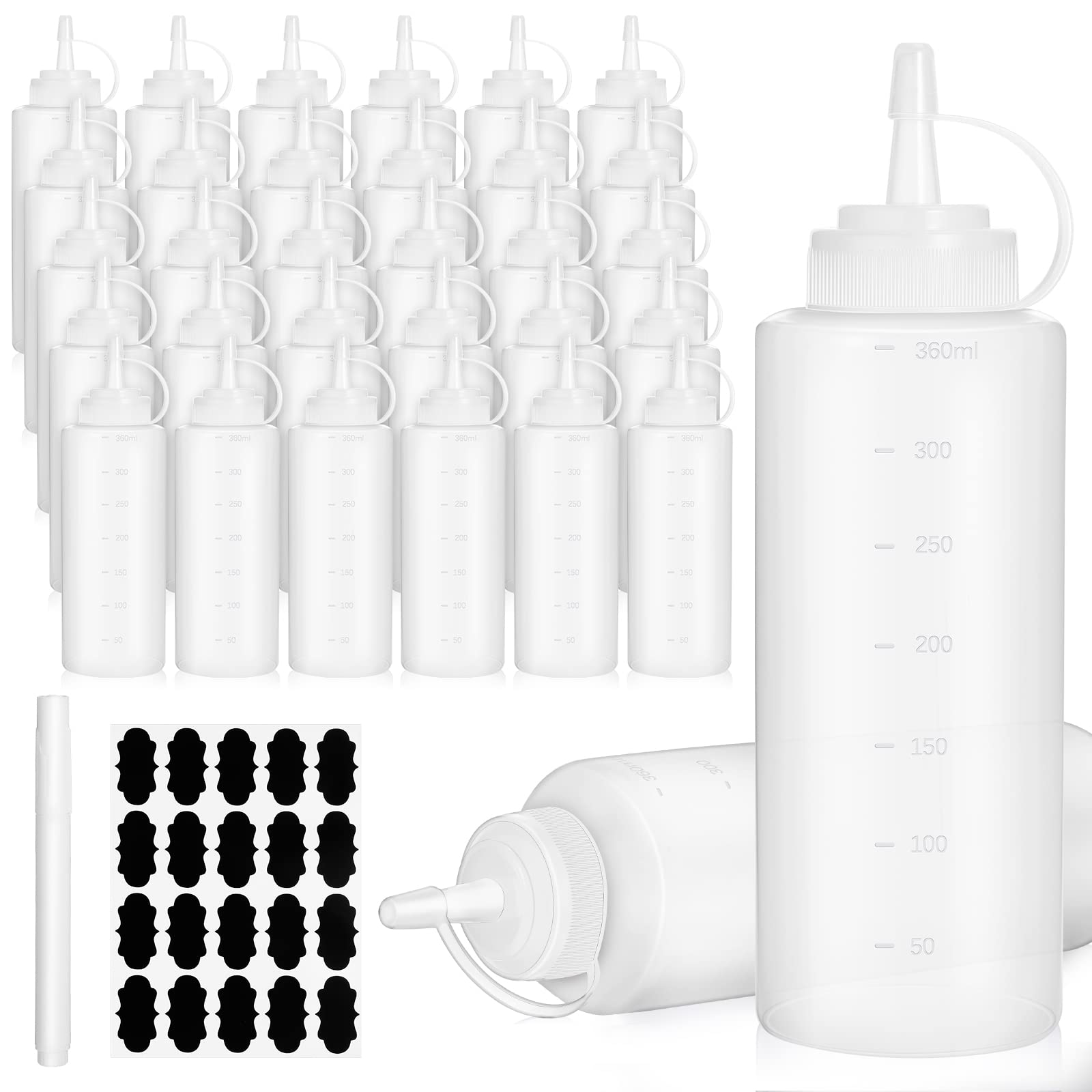 30 Pieces Condiment Squeeze Bottles Multipurpose Squirt Bottles Plastic Sauce Bottles Empty Condiment Containers with Cap Oil Dressing Ketchup Dispenser with 40 Chalkboard Labels, Chalk Marker (12 oz)