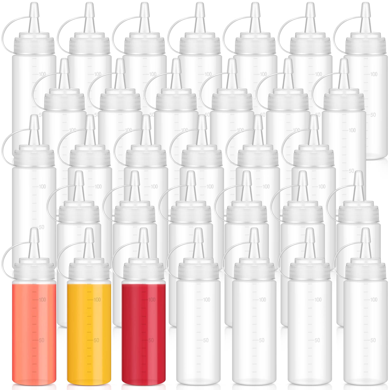 Hoolerry 32 Pcs 4oz Plastic Squeeze Bottles Condiment Squirt Bottle Set with Discrete Measurements Dressing Container Ketchup Dispenser for Syrup BBQ Grilling Liquids and More