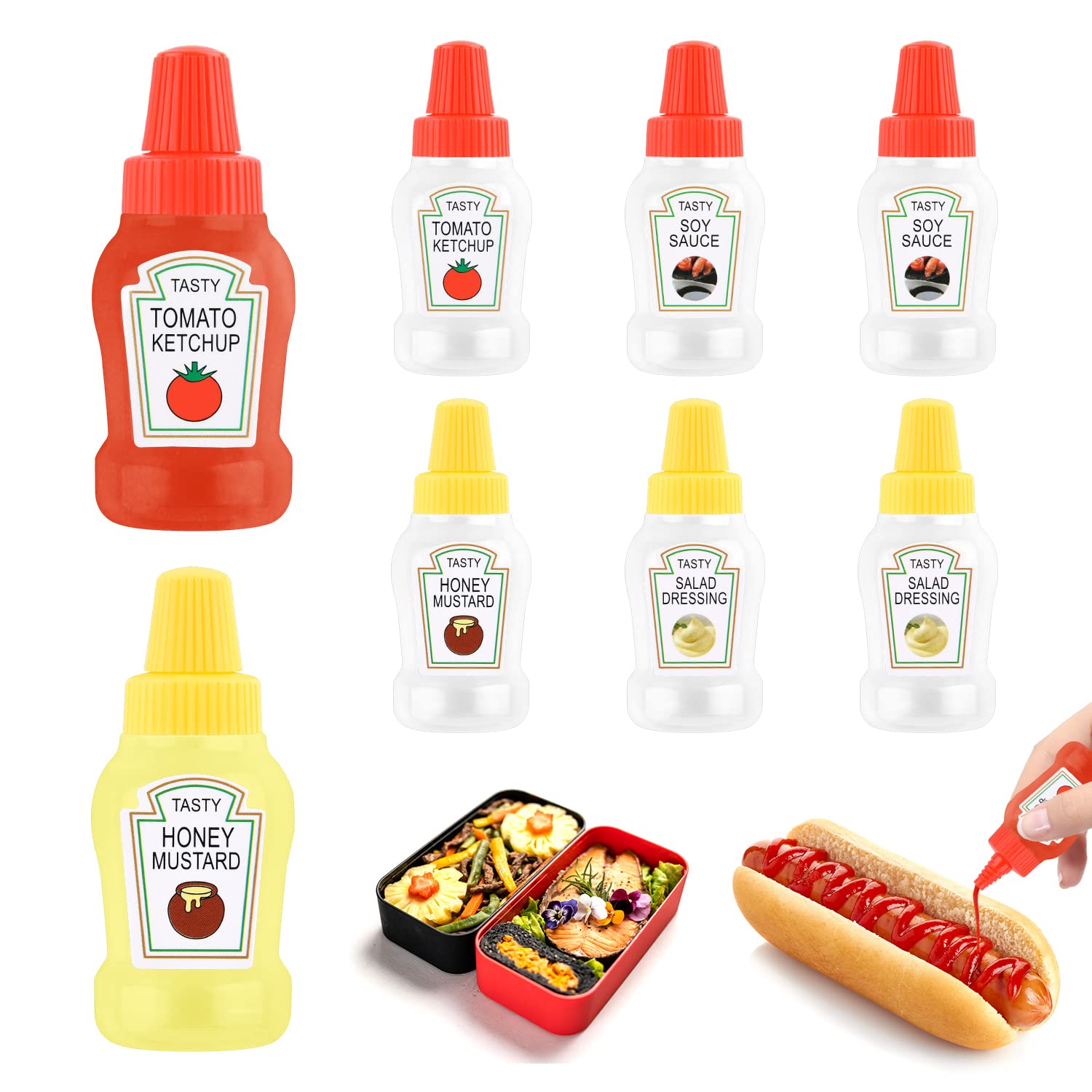 WXJ13 8 Pieces Mini Condiment Squeeze Bottles, 25ml Refillable Honey Ketchup Sauce Salad Dressing Squeeze Containers, Mini Ketchup Bottles, Plastic Portable Squeezable Jars Containers, 4 Style