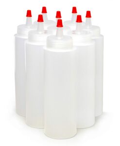 bastex 8-ounce plastic squeeze bottles pack of 8. clear bottles with yorker red caps. perfect for arts and crafts food glue paint or any diy liquids. multiple purpose refillable, reusable containers.