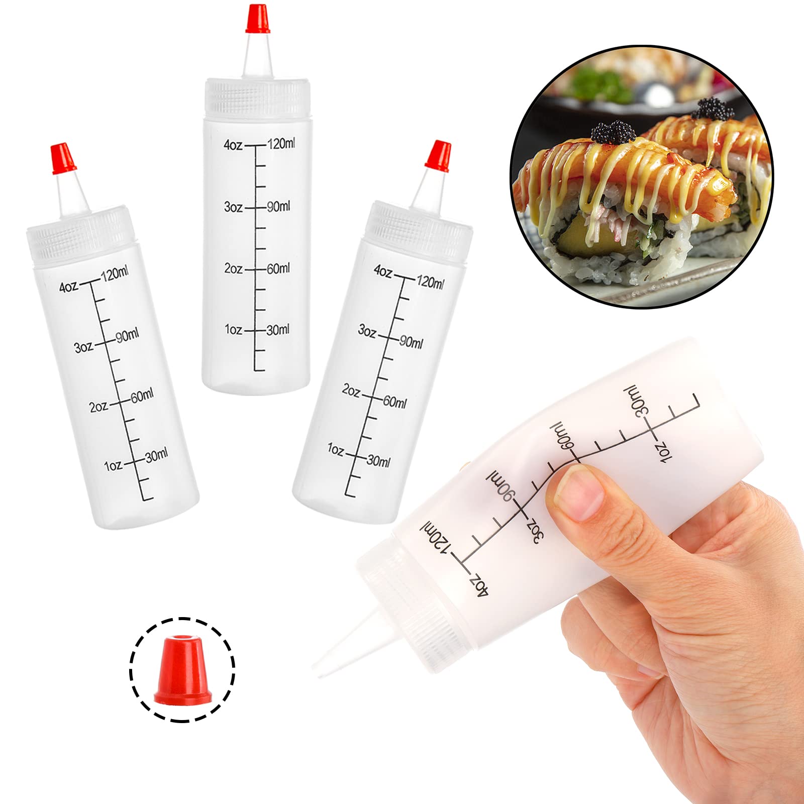 Foraineam 40 Pack 4 oz (120 ml) Small Condiment Squeeze Bottles with Red Tip Cap and Measurement, Durable Plastic Squirt Bottle for for Cookie Decorating, Sauces, Syrup, Salad, Arts and Crafts