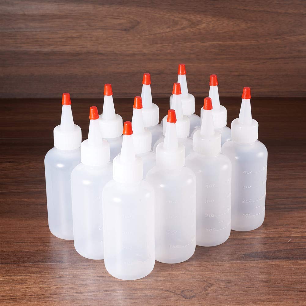 BENECREAT 12PCS 4 Ounce Plastic Squeeze Dispensing Bottles with Measurement and Red Tip Caps - Good for Crafts, Art, Glue, Multi Purpose