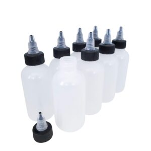 kelkaa 4oz Boston Round LDPE Plastic Squeeze Bottles with Black and Natural Twist Dispensing Caps, Multi-Purpose Empty Refillable Bottles, Easy to Squeeze Containers (Pack of 8)