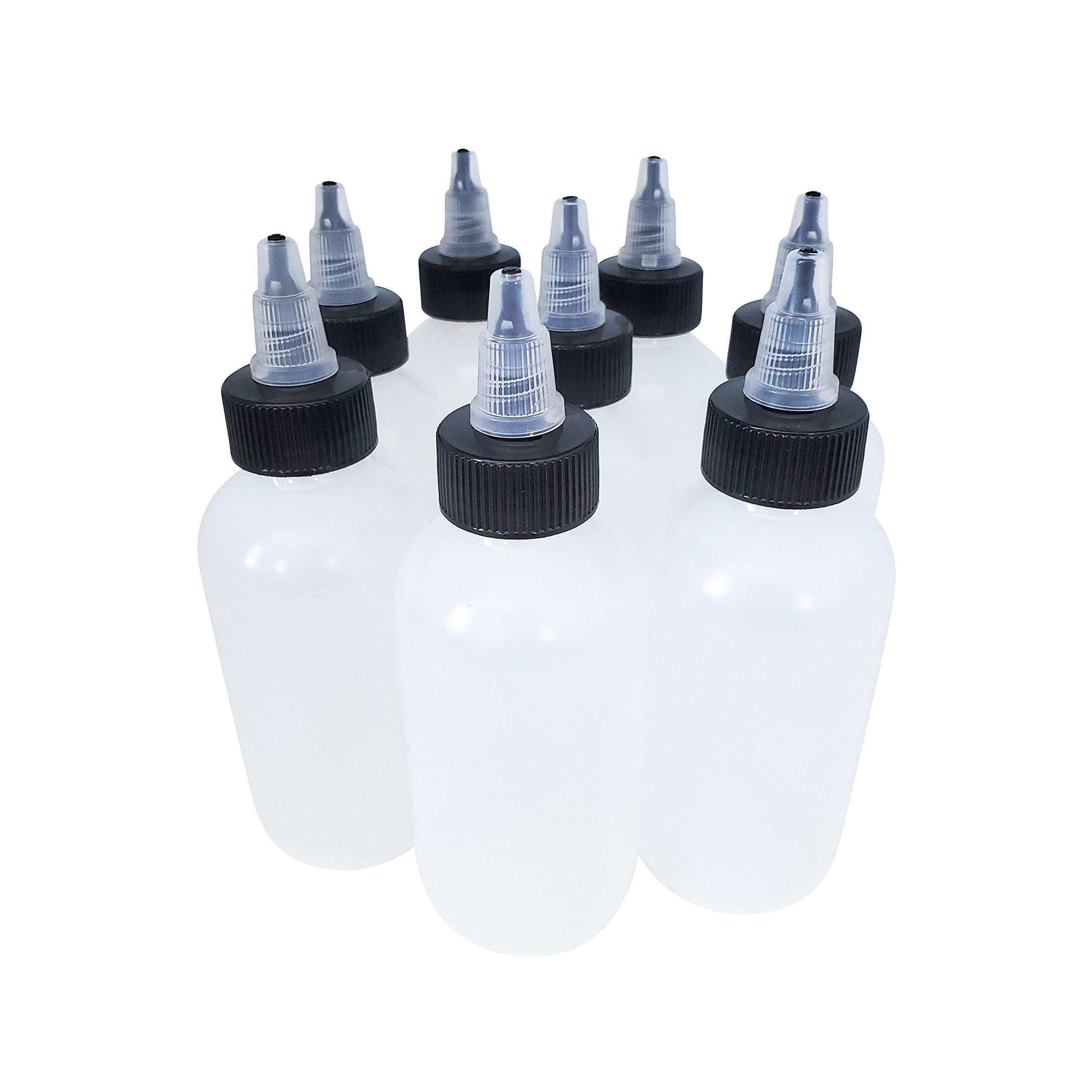 kelkaa 4oz Boston Round LDPE Plastic Squeeze Bottles with Black and Natural Twist Dispensing Caps, Multi-Purpose Empty Refillable Bottles, Easy to Squeeze Containers (Pack of 8)