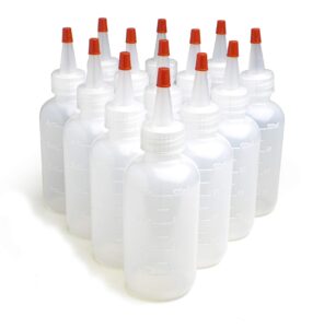 bastex 13 pack 4 ounce plastic squeeze bottles with caps and measurements. small mini squeeze bottle for arts and crafts, paint, icing, liquids, condiment, glue. sauces and more