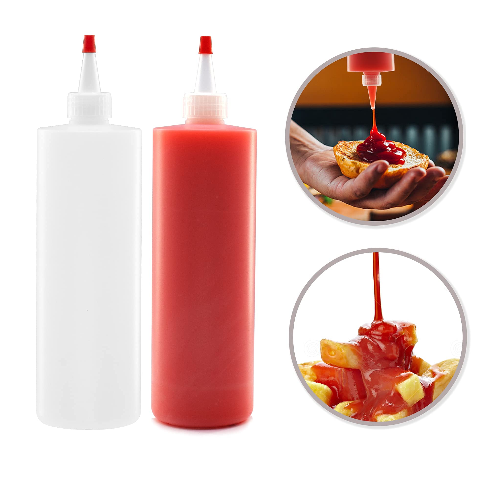 LAKESHORE TRADE Squeeze Bottles with Red Cap - Pack of 2, Leak Proof Refillable Condiment Container for Kitchen Use - 16 Ounce