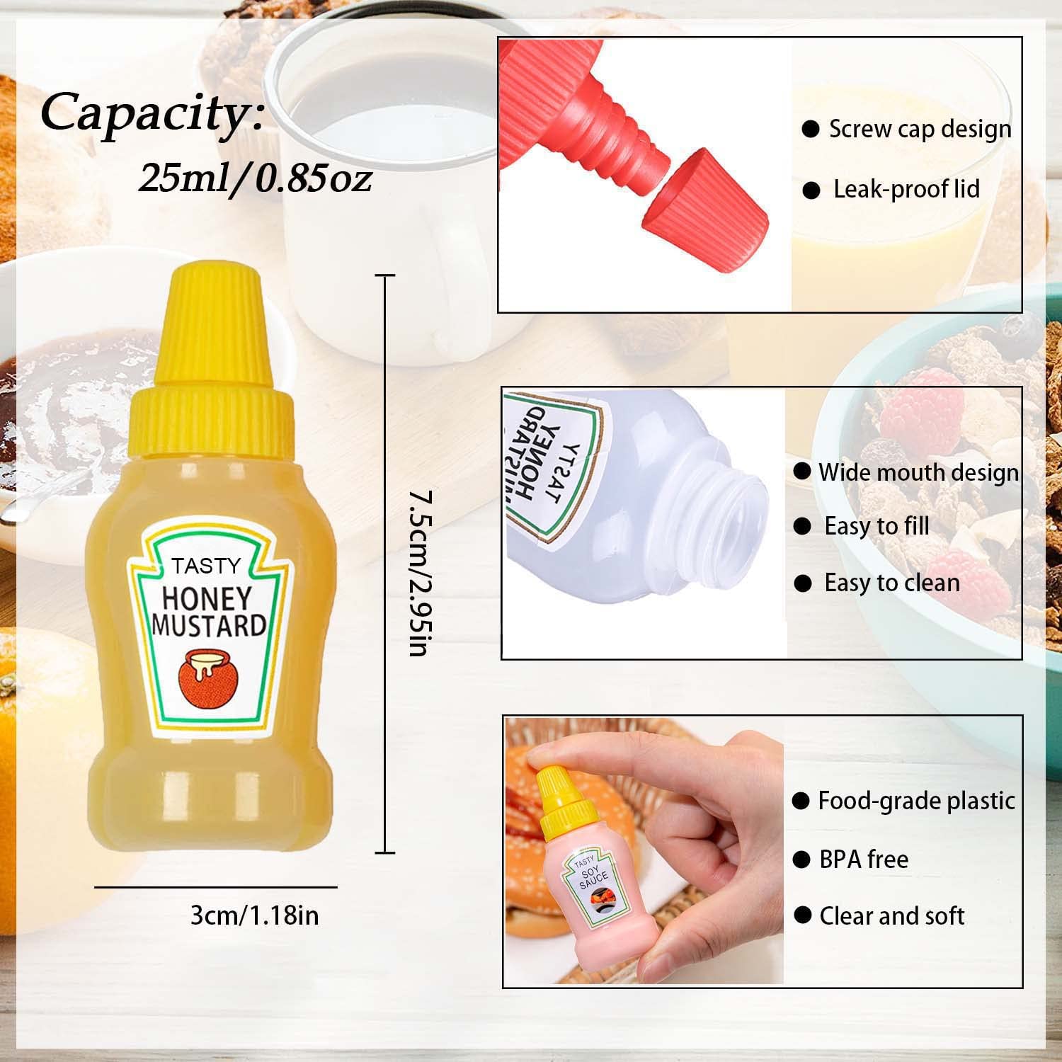 THYULIFE 8Pcs Mini Condiment Squeeze Bottles with Cleaning Brush, 25ml Leakproof Mini Ketchup Sauce Bottles Refillable Ketchup/Soy Sauce/Honey/Salad Dressing Bottles Container for Lunch Box, BPA Free