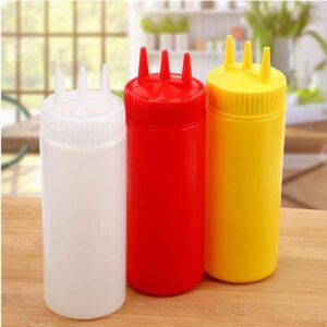 1pc 3 hole squeeze bottle condiment dispenser for sauce vinegar oil ketchup gravy cruet kitchen accessories 360ml red