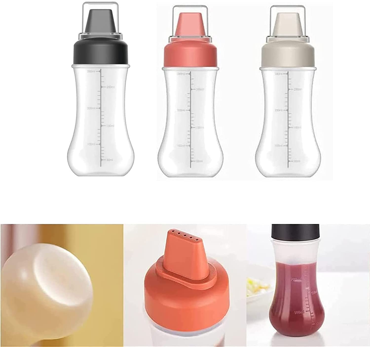 YYYFEI 5-hole Sauce Squeeze Bottles with Lid，9.87oz/280ml Plastic Condiment Bottles for Ketchup Peanut Butter Ketchup Salad Dressing Mustard ，with Scale and Labels,3pcs