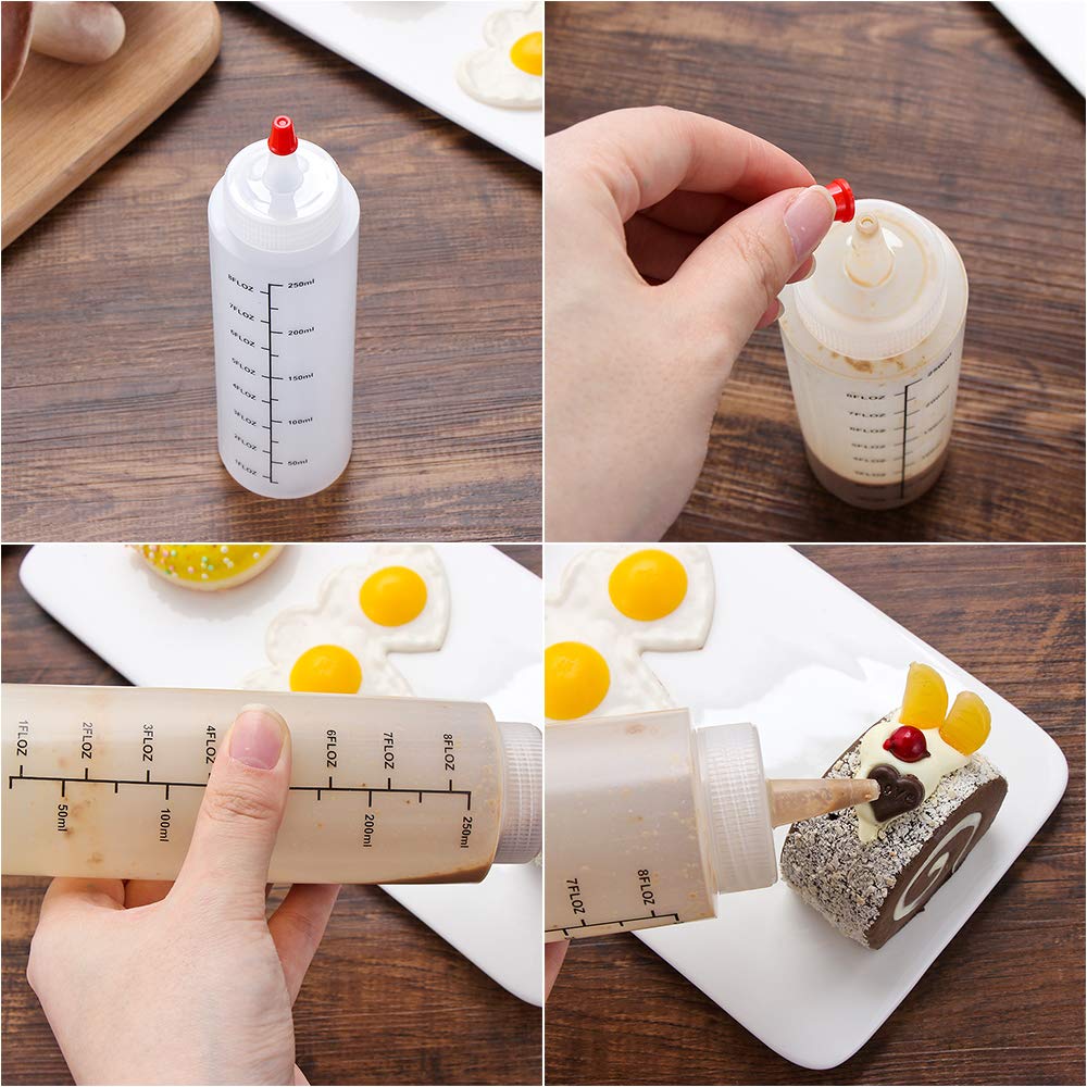 14 Pack 8 oz/250ml Plastic Squeeze Bottles with Red Tip Cap & Black Scale Plastic Squirt Bottle for Ketchup,Sauces,BBQ, and More。