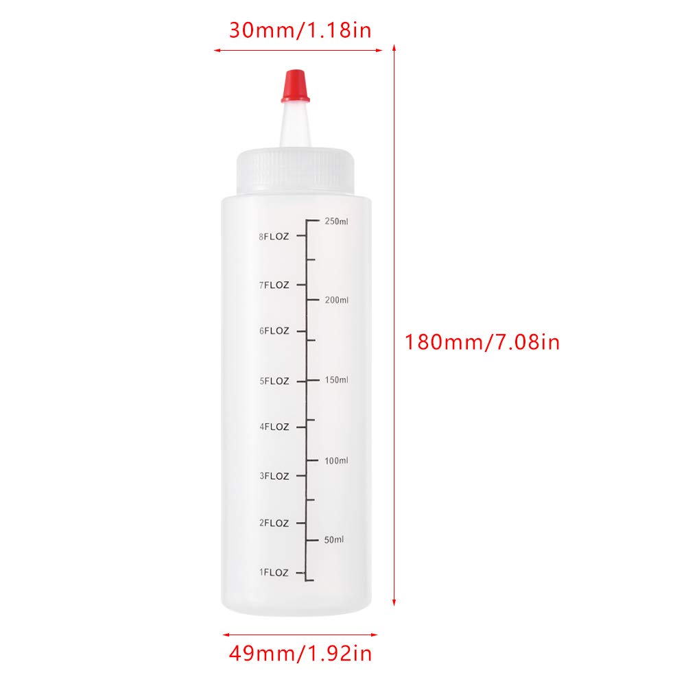 14 Pack 8 oz/250ml Plastic Squeeze Bottles with Red Tip Cap & Black Scale Plastic Squirt Bottle for Ketchup,Sauces,BBQ, and More。