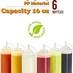 On Condiment Bottle, Set of 6 Plastic Squeeze Condiment Bottles for Mustard Dressing Ketchup BBQ Sauce Mayonnaise Syrup Honey Arts Crafts, 16 oz Condiments Squirt Bottle Leakproof Twist On Cap Lids