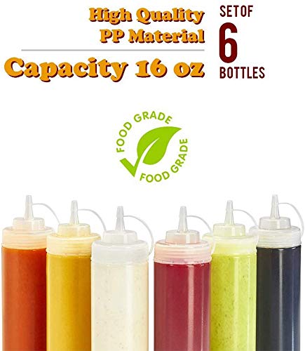 On Condiment Bottle, Set of 6 Plastic Squeeze Condiment Bottles for Mustard Dressing Ketchup BBQ Sauce Mayonnaise Syrup Honey Arts Crafts, 16 oz Condiments Squirt Bottle Leakproof Twist On Cap Lids