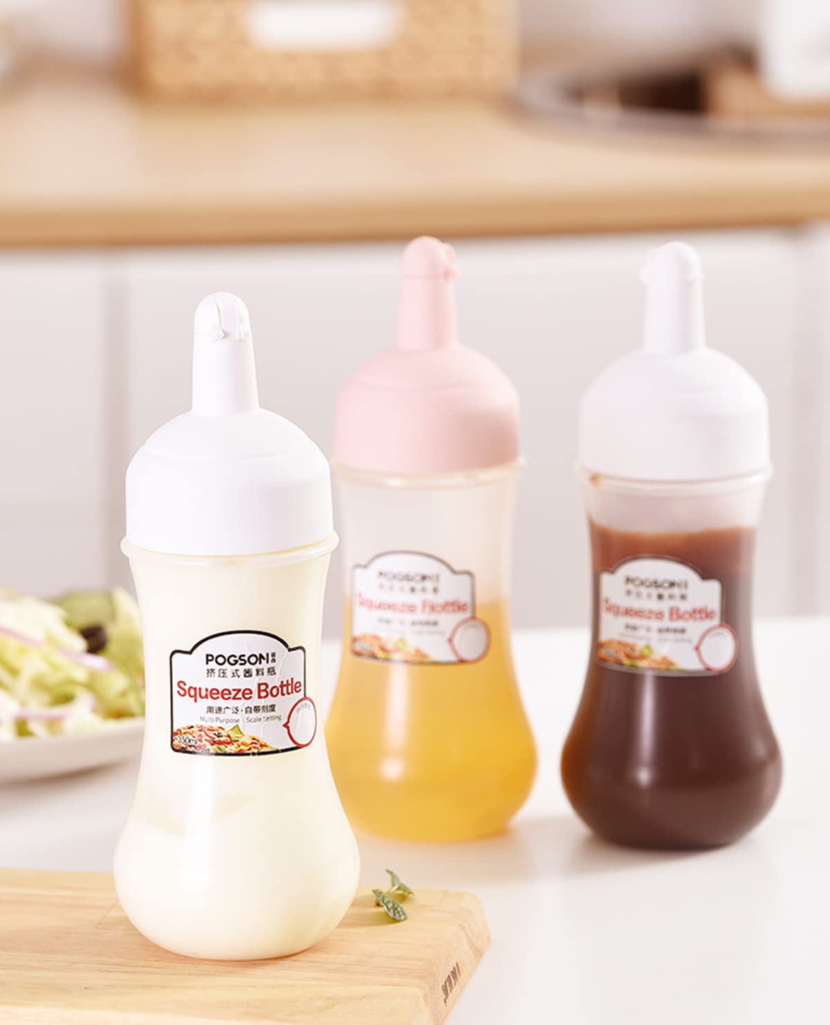 RROAD Measurable Condiment Squeeze Bottle 4PACS Sauce Squeeze Bottle Household plastic squeeze bottle kitchen tomato salad 5-hole squeeze bottle