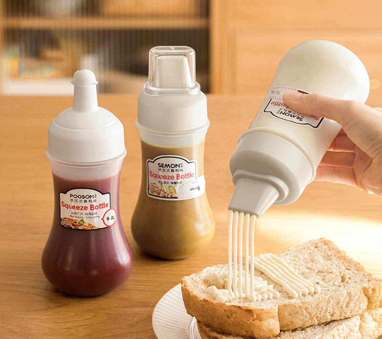 RROAD Measurable Condiment Squeeze Bottle 4PACS Sauce Squeeze Bottle Household plastic squeeze bottle kitchen tomato salad 5-hole squeeze bottle