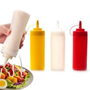 3 pcs plastic squeeze sauce bottles with nozzle caps, reusable squeeze condiment bottles dispensers suitable for mustard olive oil jam ketchup salad dressing(300ml)