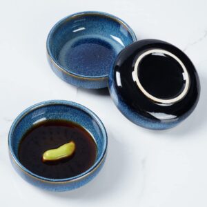 Tacuhy 3 Oz Ceramic Soy Sauce Dish Small Pinch Seasoning Sushi Dip Bowl 3.5 Inch Mini Side Dishes Tomato Sauce Cups Condiment Dipping Bowls, Set of 4, Blue