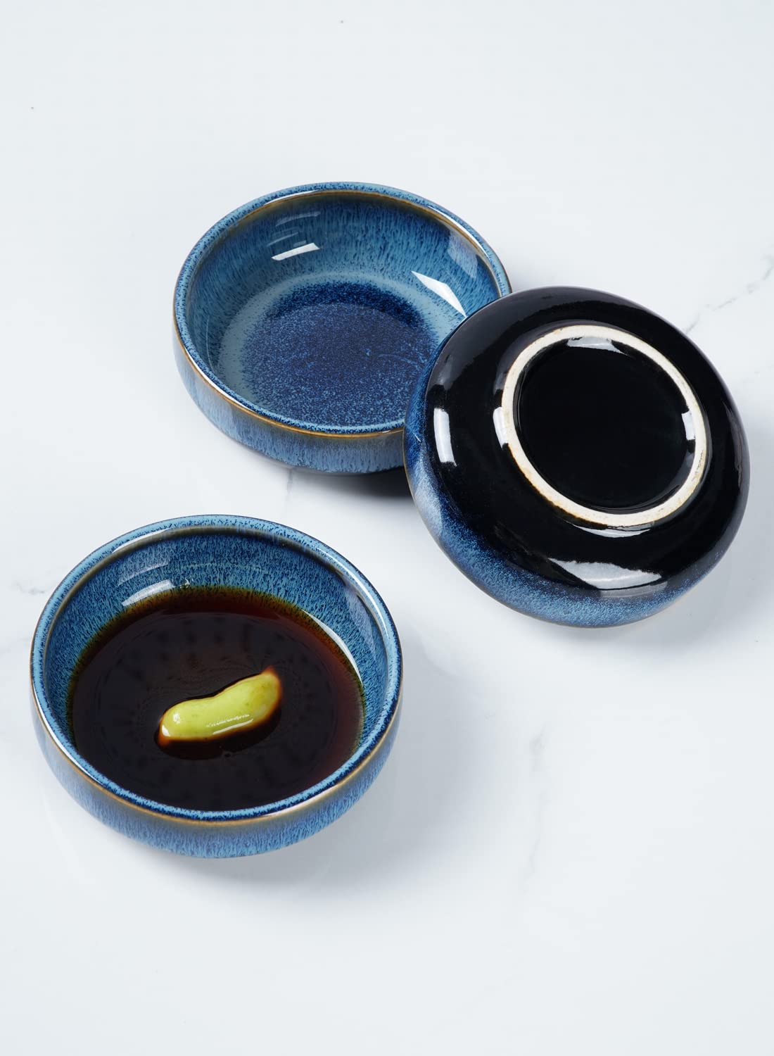 Tacuhy 3 Oz Ceramic Soy Sauce Dish Small Pinch Seasoning Sushi Dip Bowl 3.5 Inch Mini Side Dishes Tomato Sauce Cups Condiment Dipping Bowls, Set of 4, Blue