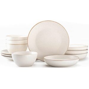 riverside collection by maison neuve 12-piece dinnerware set service for 4 - hand crafted bowls and plates set, stoneware dinnerware set, microwave & dishwasher safe plate set - oxford white