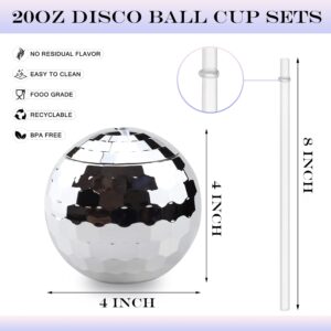 ANTQUE 9 PCS Disco Ball Cup with Straws, Tumbler Reusable Disco Flash Ball Cups for Party, Cocktail Ball Cups Spherical with Lid and Straw Wine Cups for Nightclub Bar Party Decor(Silver)