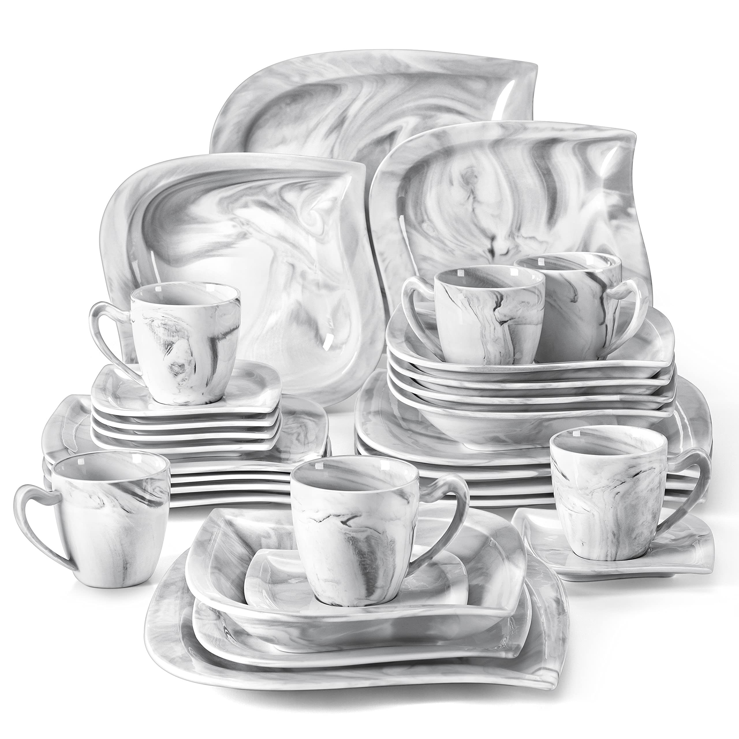 MALACASA Dinnerware Sets for 6, 30 Piece Porcelain Plates and Bowls Sets, Marble Dish Set with Dinner Plate Set, Cup and Saucer, Square Plates Dinnerware Set, Modern Dishes Dinnerware, Series Elvira