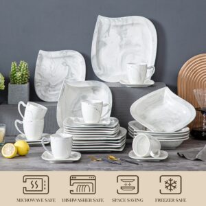 MALACASA Dinnerware Sets for 6, 30 Piece Porcelain Plates and Bowls Sets, Marble Dish Set with Dinner Plate Set, Cup and Saucer, Square Plates Dinnerware Set, Modern Dishes Dinnerware, Series Elvira