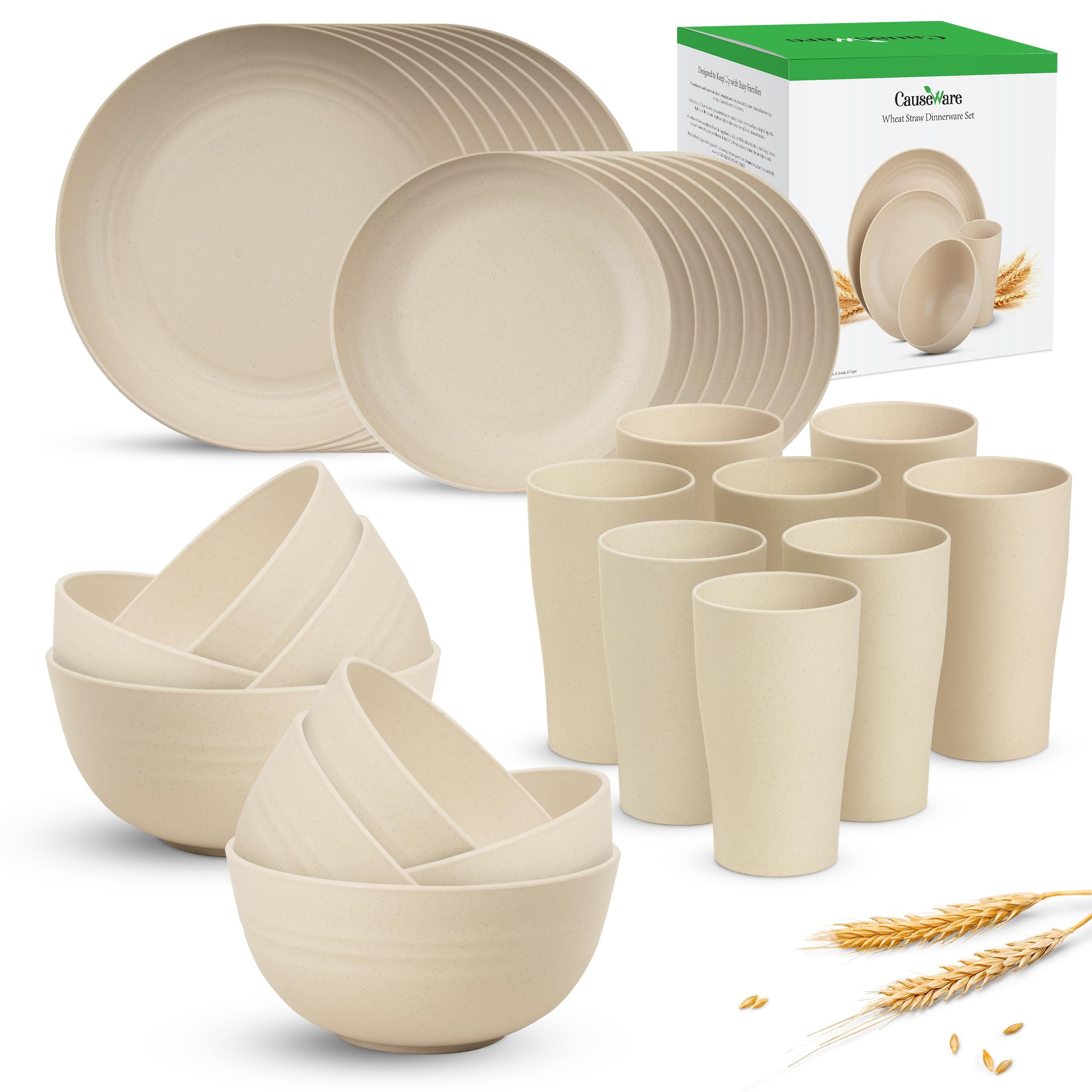 CauseWare Wheat Straw Dinnerware Sets - Service for 8, 32 Piece Unbreakable Dinnerware, Lightweight, Durable Wheat Straw Bowls, Cups & Plates - Sandstone