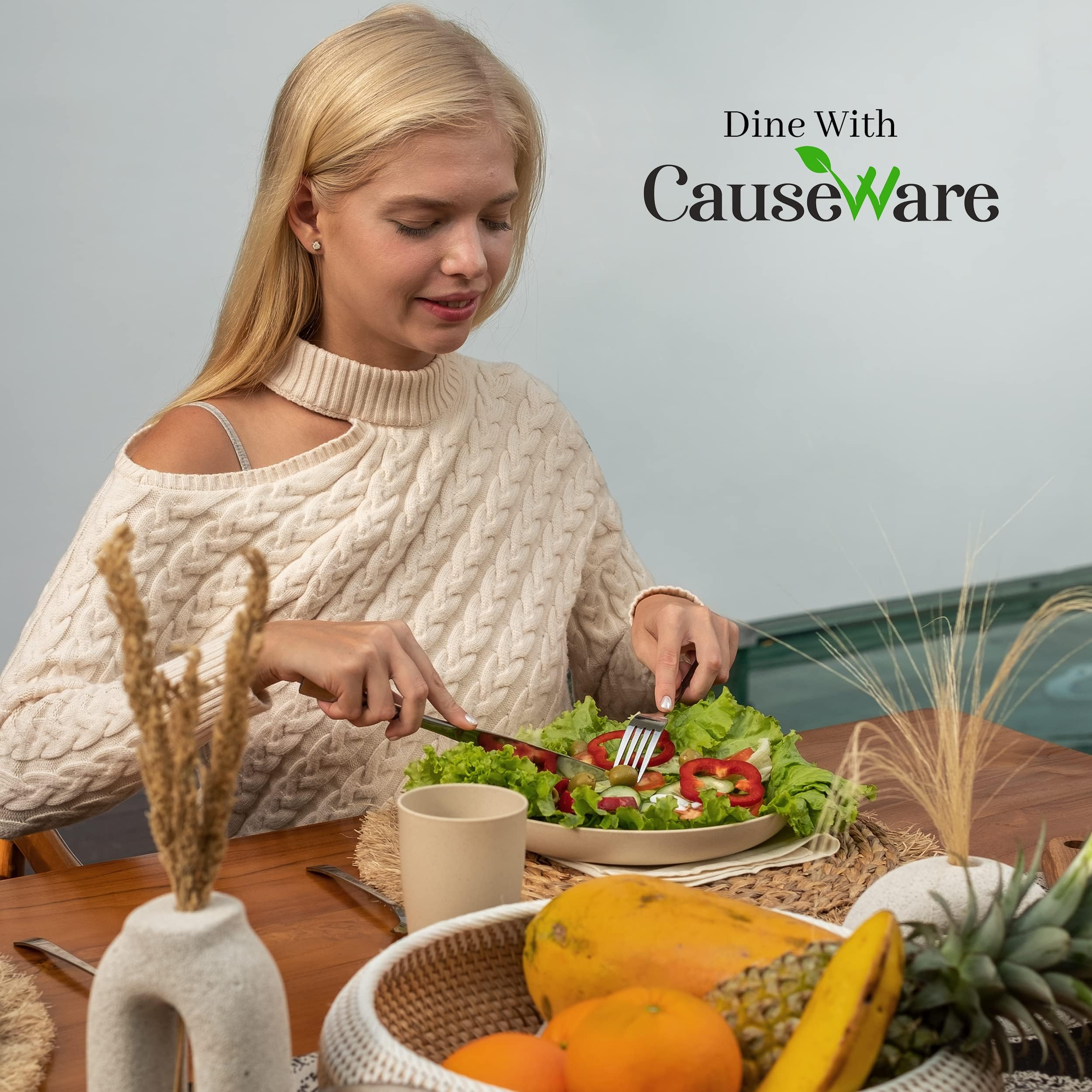 CauseWare Wheat Straw Dinnerware Sets - Service for 8, 32 Piece Unbreakable Dinnerware, Lightweight, Durable Wheat Straw Bowls, Cups & Plates - Sandstone