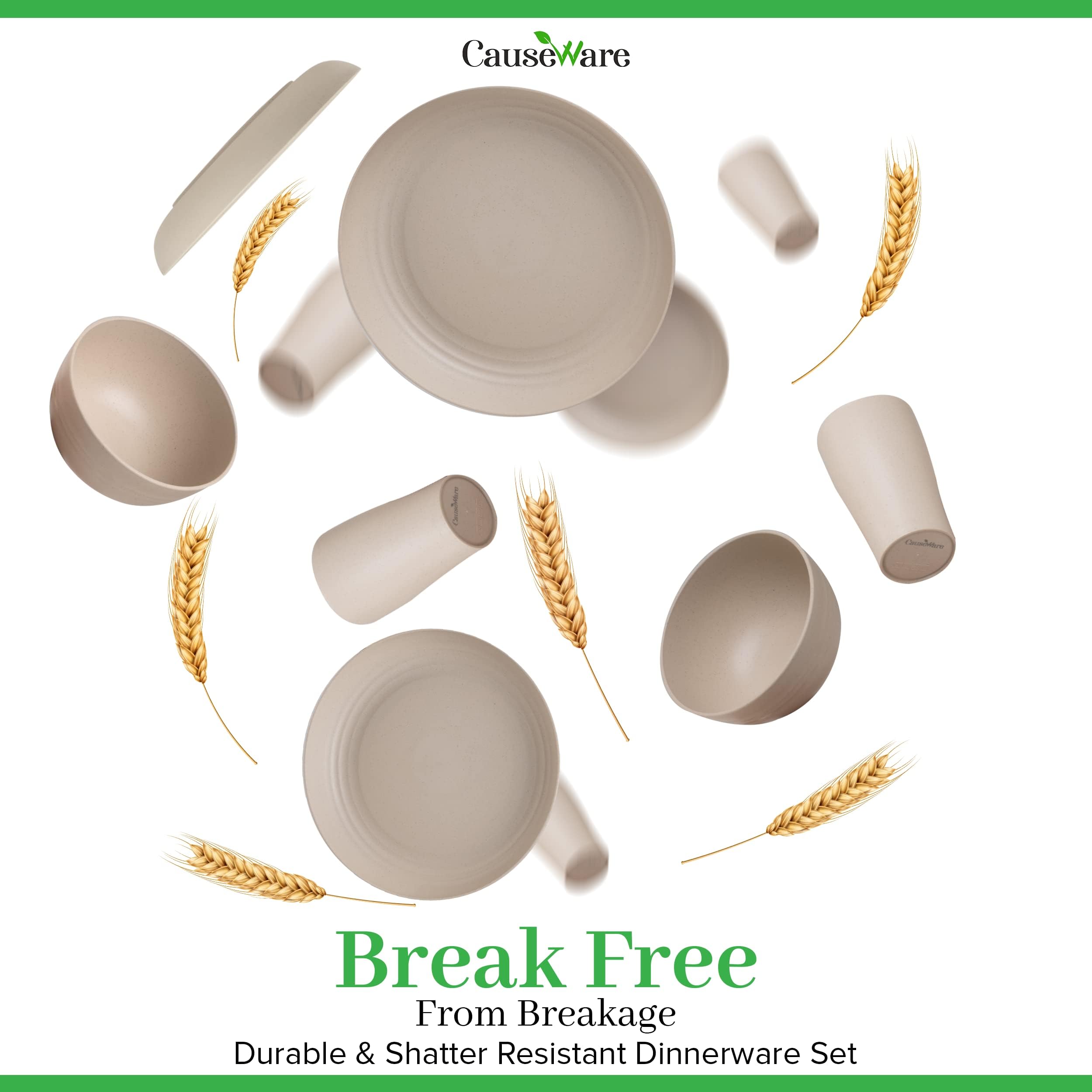 CauseWare Wheat Straw Dinnerware Sets - Service for 8, 32 Piece Unbreakable Dinnerware, Lightweight, Durable Wheat Straw Bowls, Cups & Plates - Sandstone