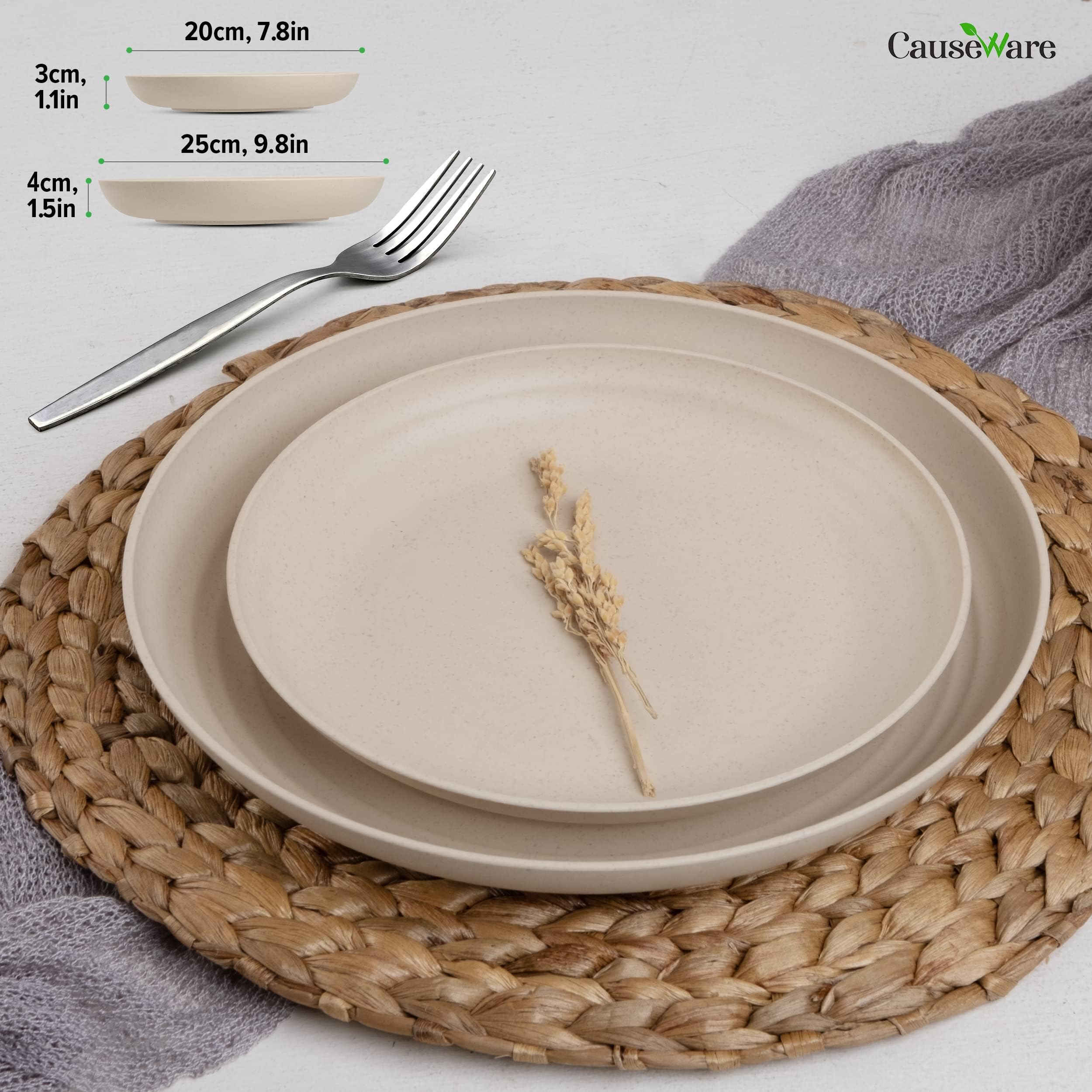 CauseWare Wheat Straw Dinnerware Sets - Service for 8, 32 Piece Unbreakable Dinnerware, Lightweight, Durable Wheat Straw Bowls, Cups & Plates - Sandstone