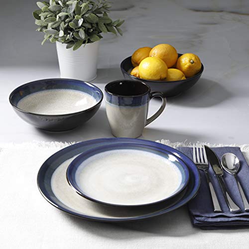 Gibson Elite Couture Bands Round Reactive Glaze Stoneware Dinnerware Set, Service for Four (16pcs), Blue and Cream