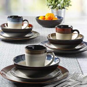 Gibson Elite Couture Bands Round Reactive Glaze Stoneware Dinnerware Set, Service for Four (16pcs), Blue and Cream