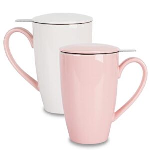 amhomel porcelain tea mug with infuser and lid, 16 ounce ceramic tea cup for loose leaf, coffee, cocoa and milk, tea gift for tea lovers, set of 2(pink and white)