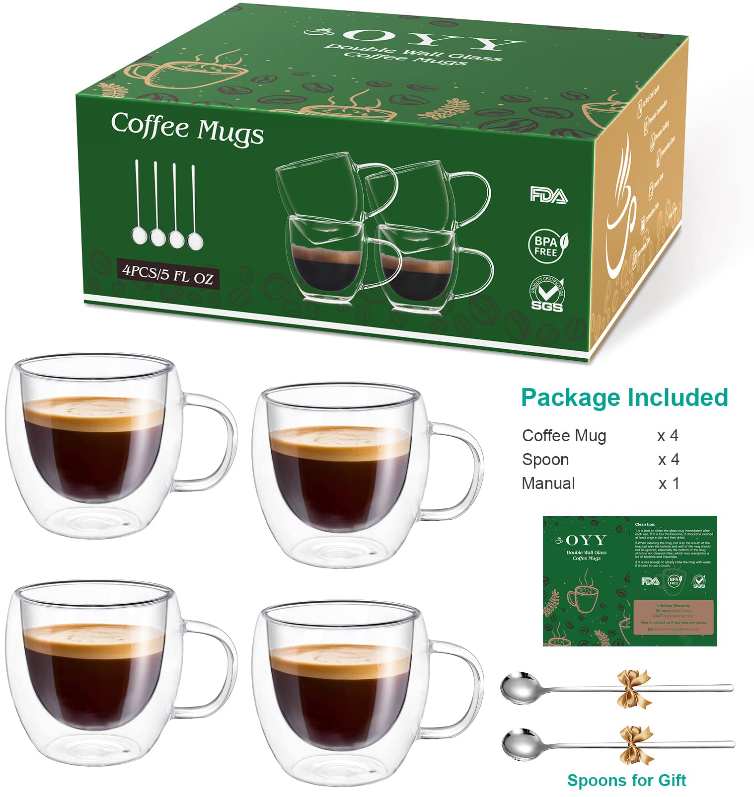 OYY Coffee Mugs Set of 4, 5oz Double Wall Glass Coffee Cups, Clear Expresso Mug with Spoons for Latte, Beverage, Tea, cappuccino