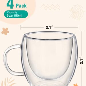 OYY Coffee Mugs Set of 4, 5oz Double Wall Glass Coffee Cups, Clear Expresso Mug with Spoons for Latte, Beverage, Tea, cappuccino