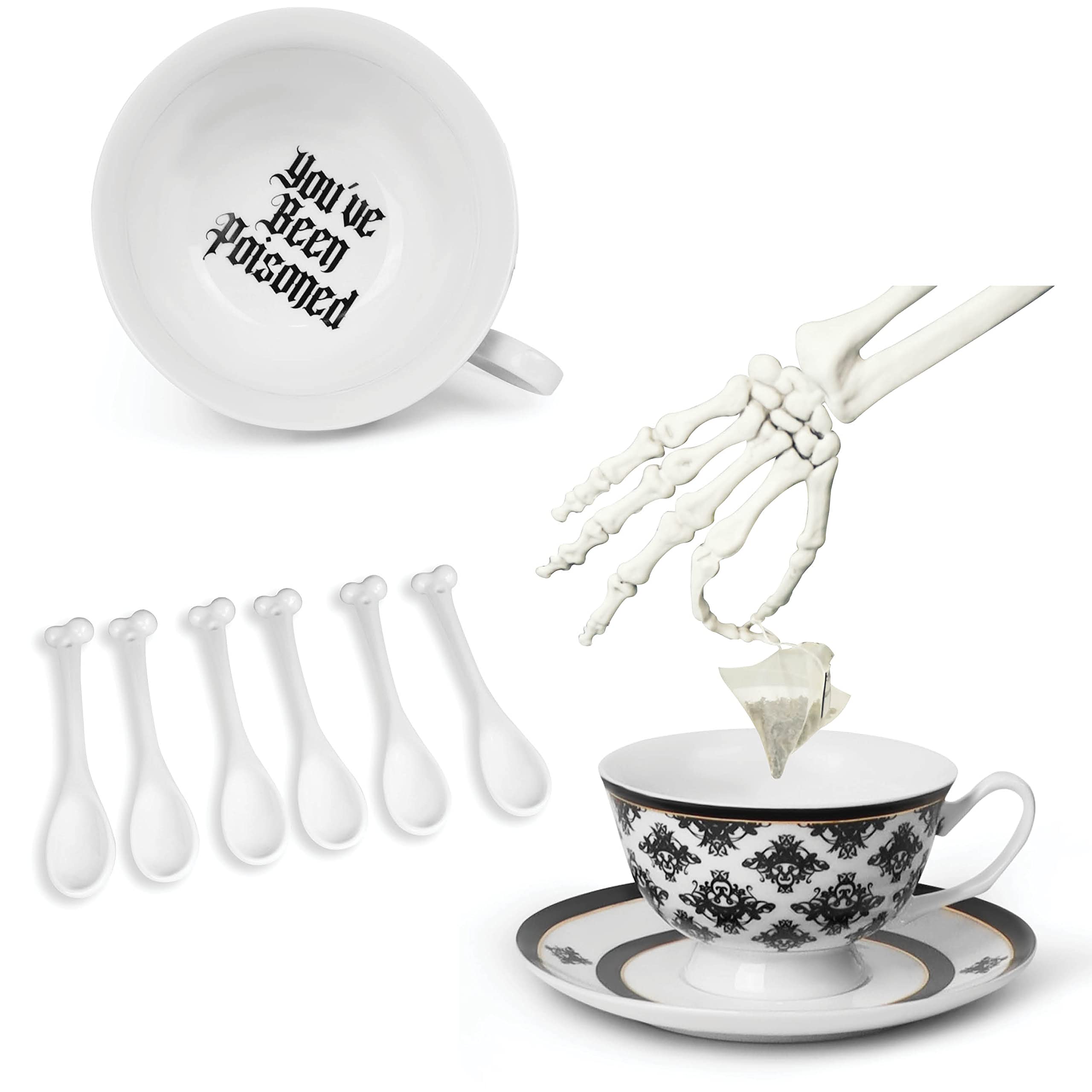 Gothic Kitchen Gift Set - 1 You've Been Poisoned Tea Cup and 6 Bone Spoons - Spooky Valentines Day Gifts, Goth Valentines Day Decor - Skull Kitchen Decor