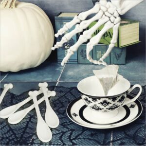 Gothic Kitchen Gift Set - 1 You've Been Poisoned Tea Cup and 6 Bone Spoons - Spooky Valentines Day Gifts, Goth Valentines Day Decor - Skull Kitchen Decor