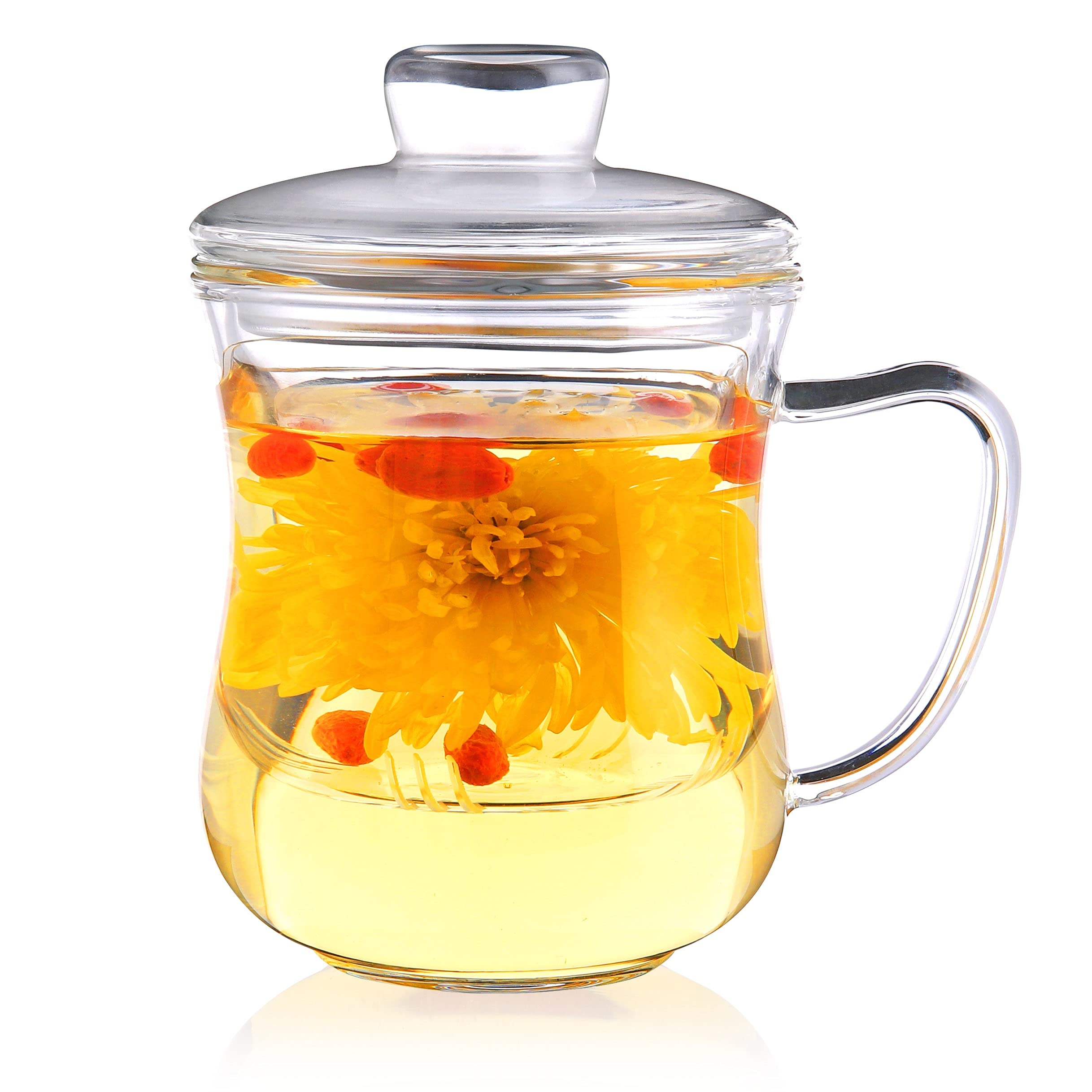 CNGLASS Glass Tea Cup with Removable Infuser and Lid,10oz Thickened Glass Tea Mug,Clear Filtrating Tea Maker for Loose Leaf Tea,Teabags